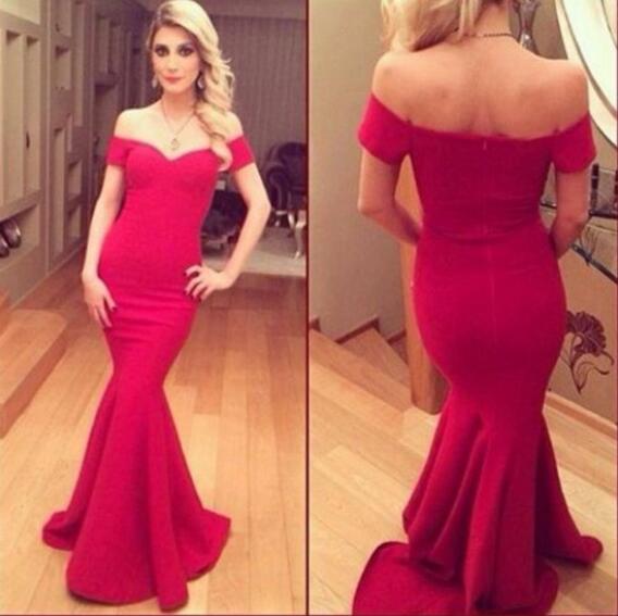 Stylish V Neckline Red Mermaid Prom Dress, Short Sleeves Satin Prom ...